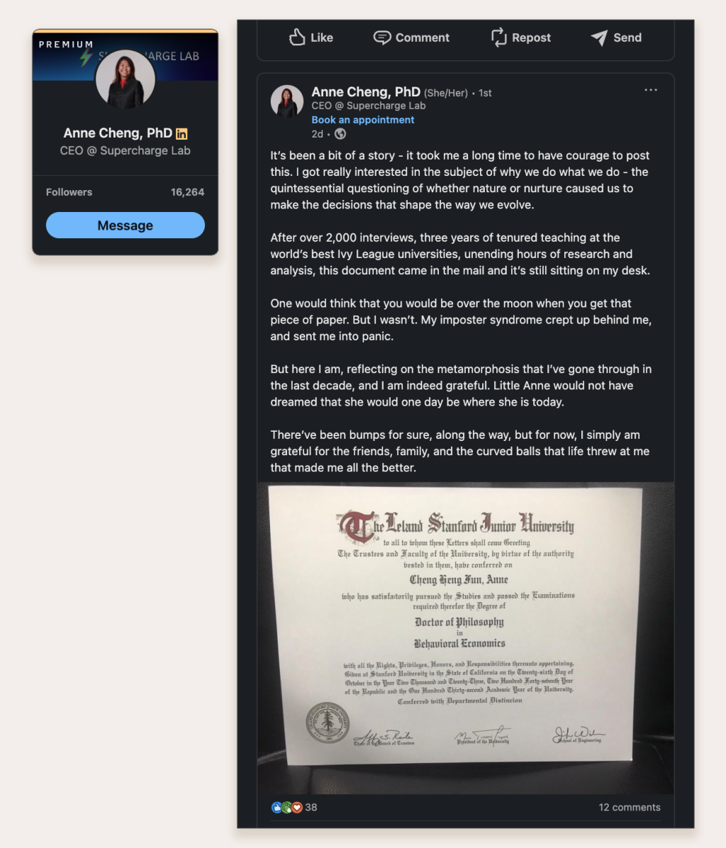 AI startup founder Anne Cheng said she has a Ph.D. from Stanford. She ...