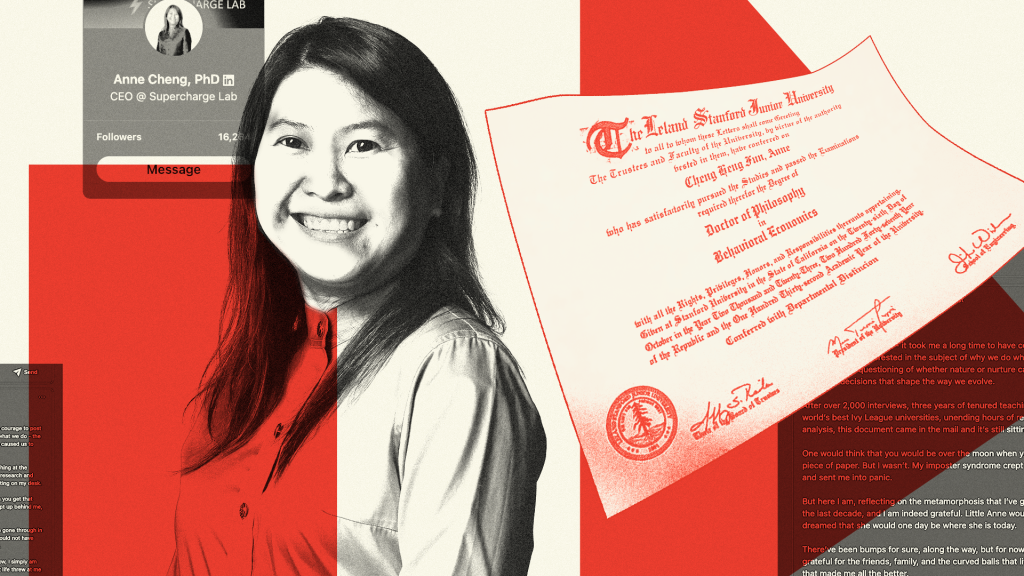 AI startup founder Anne Cheng said she has a Ph.D. from Stanford. She ...