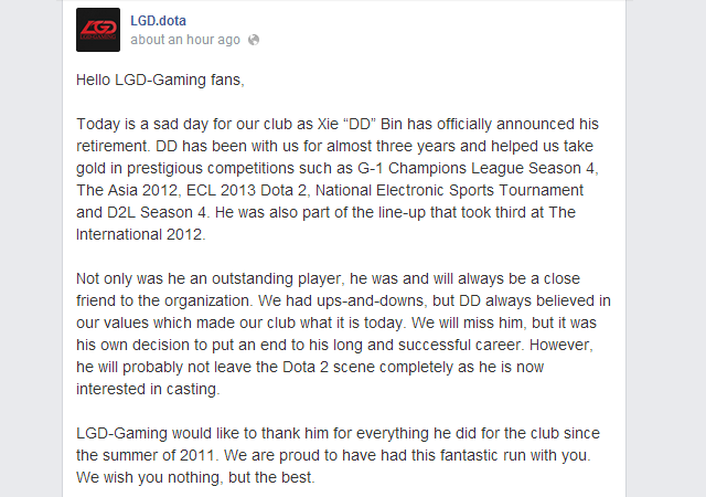 LGD’s DD joins post TI4 retirees