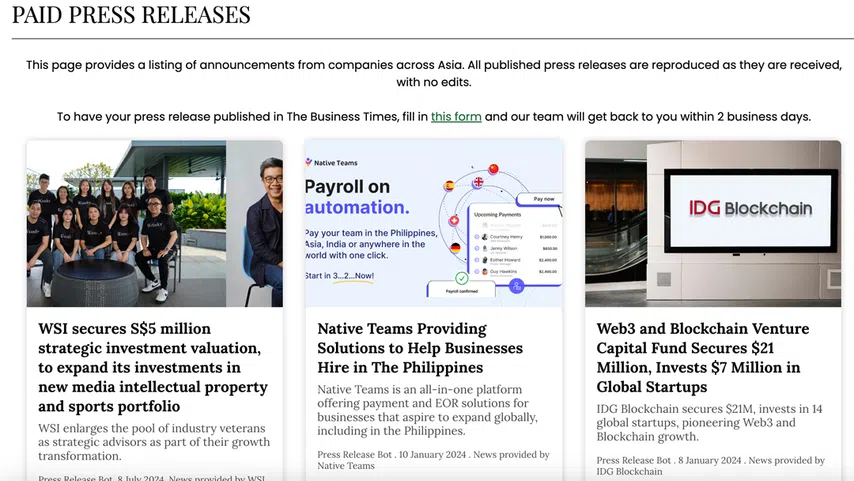The Business Times launches ‘paid press release’ service